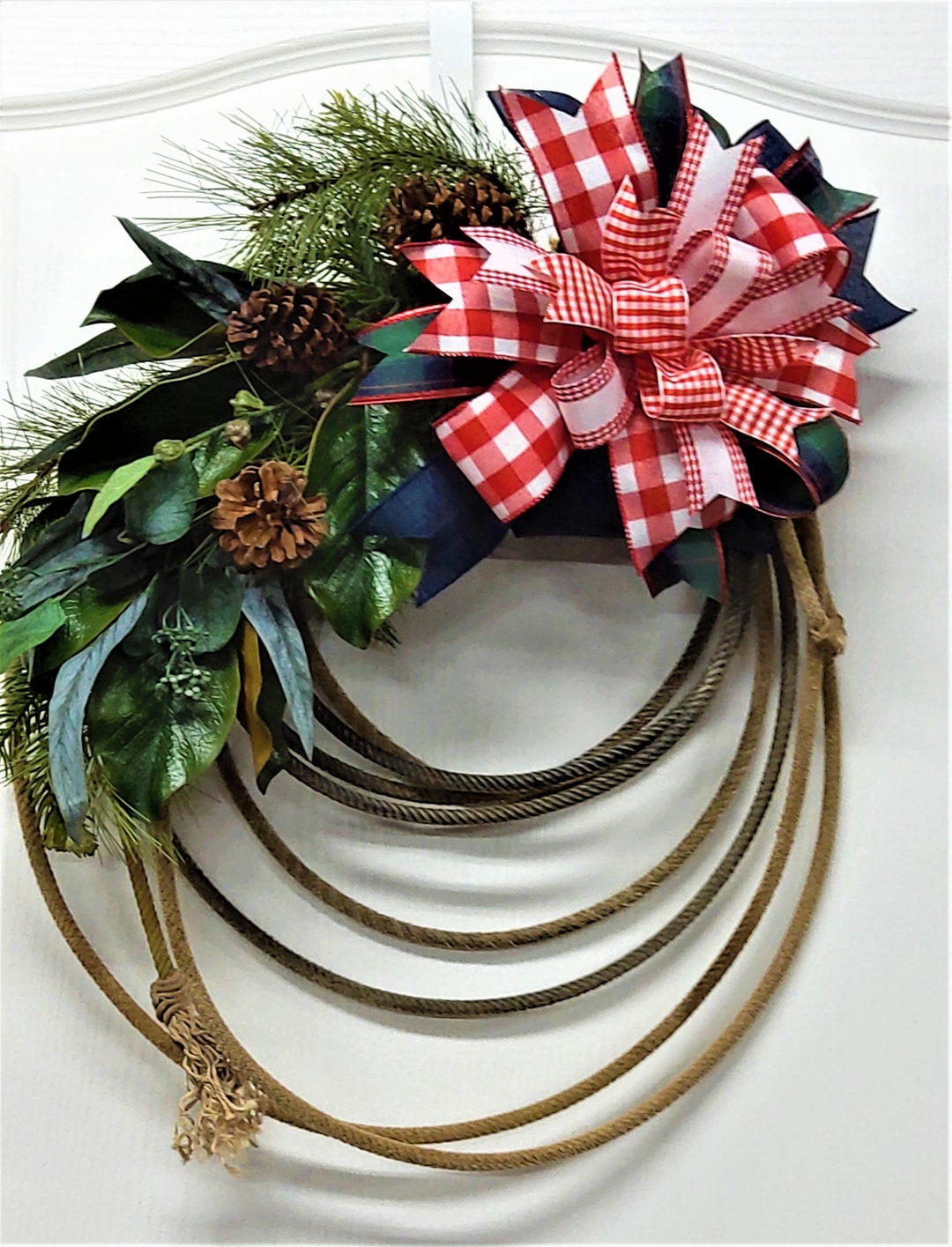 Rustic Western Lasso Rope Wreath, Red Check Ribbon, Christmas Wreath ...