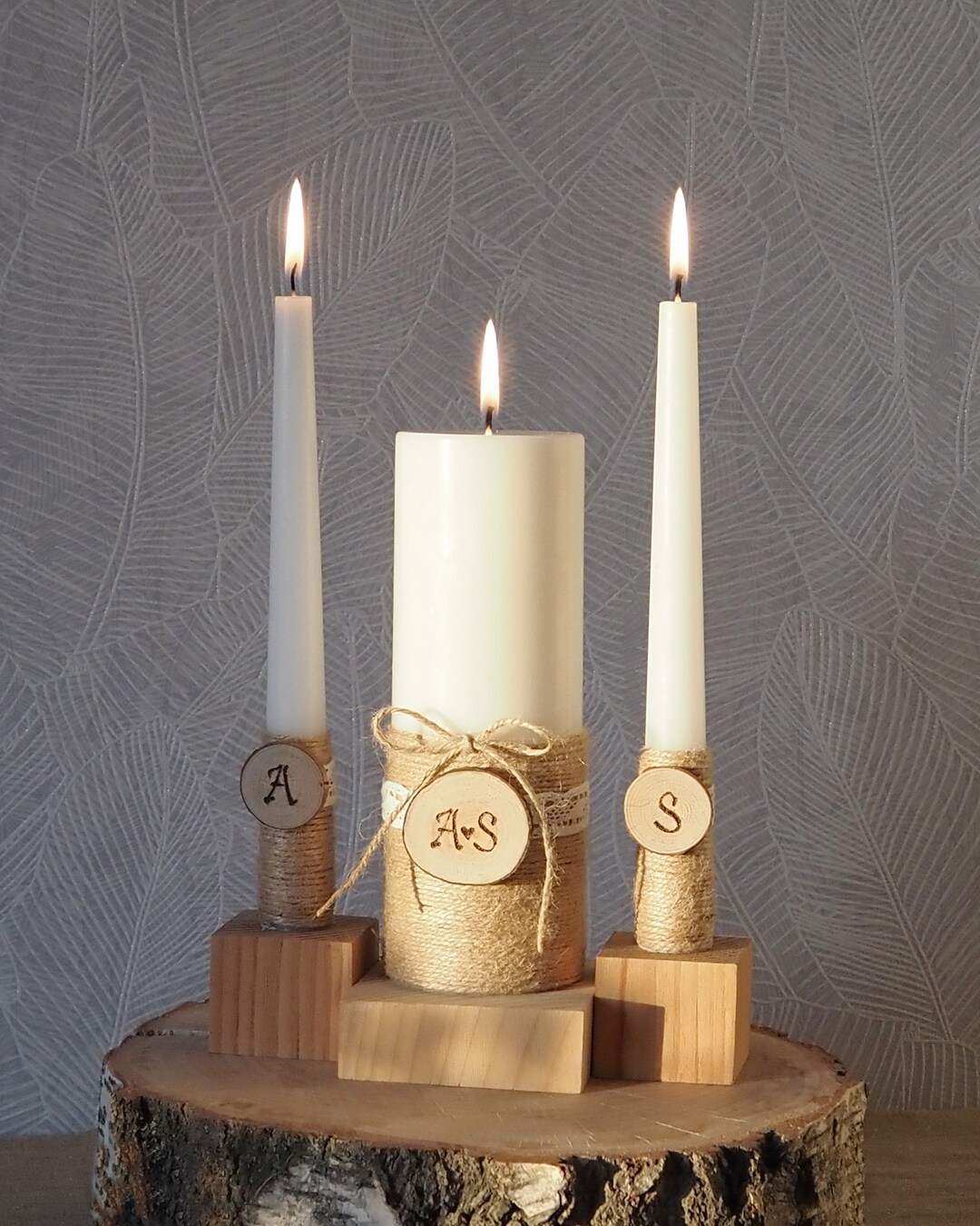 Personalized Rustic Unity Candle Set With Pyrography Initials and Twine ...
