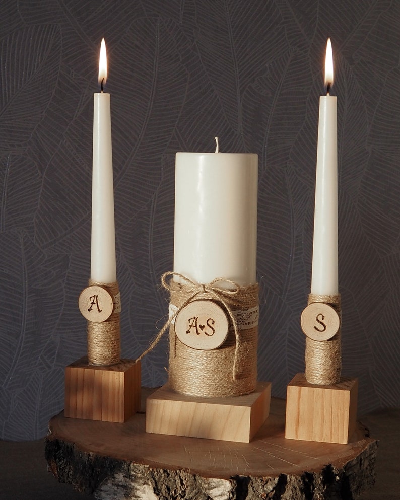 Personalized Rustic Unity Candle Set With Pyrography Initials and Twine ...