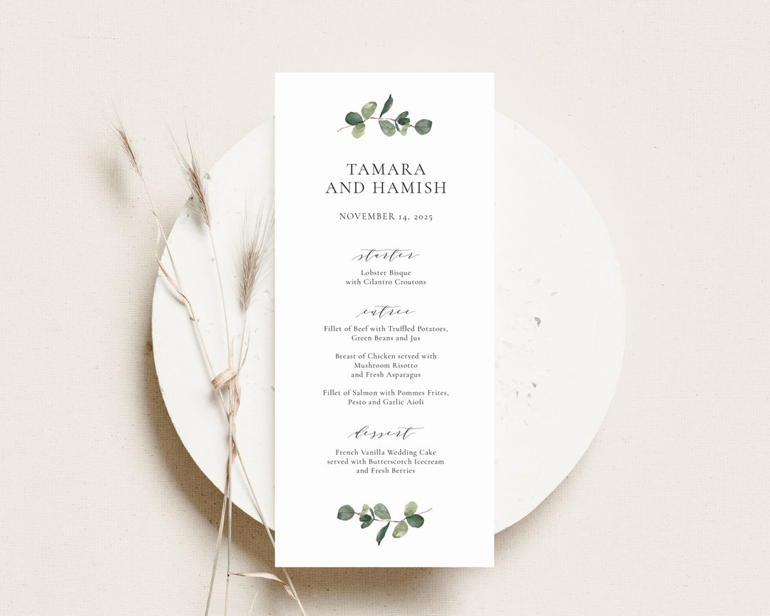 EUCALYPTUS | Printed Wedding Menu, Print and Ship Menu, Rustic Greenery ...
