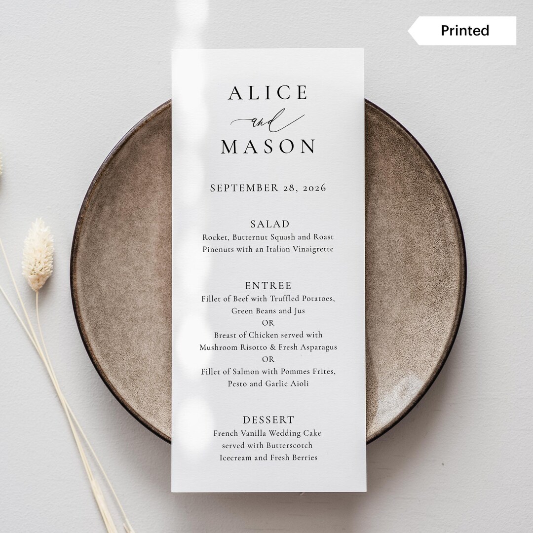 CLASSIC MINIMALIST | Printed Wedding Menu, Print and Ship Menu, Modern ...