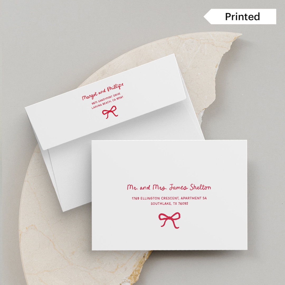Christmas Bow Printed Envelopes, Whimsical Hand Drawn Envelope ...