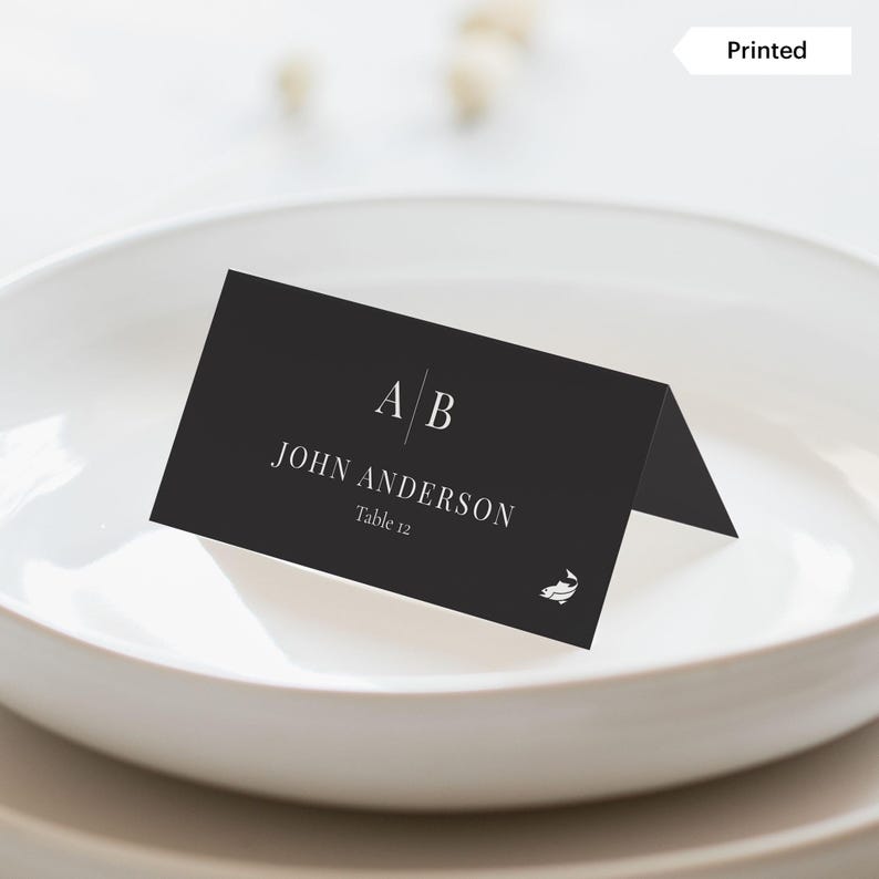 MODERN INITIALS | Monogram Black Place Cards White Ink Printing ...