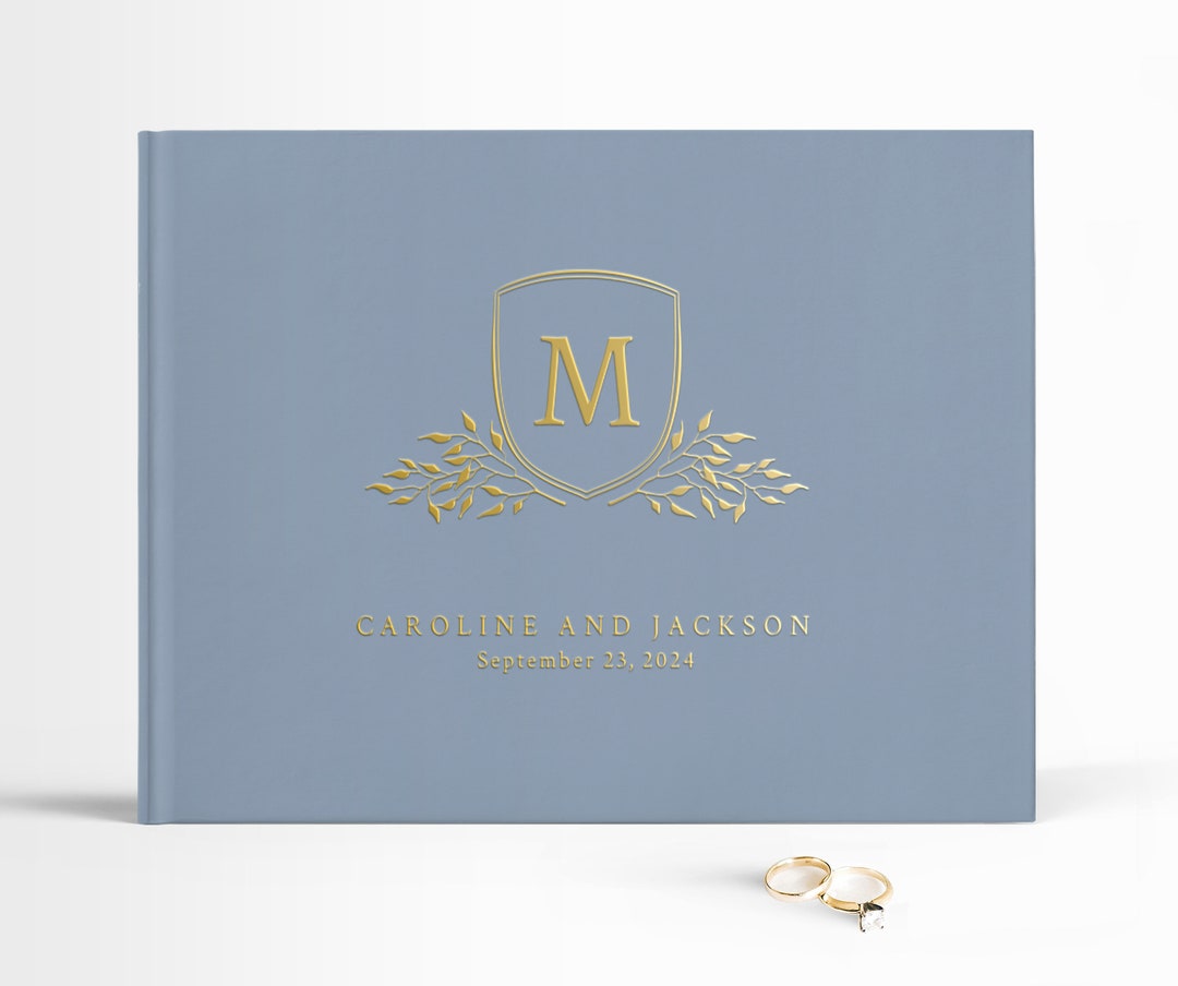 Monogram Wedding Guest Book, Dusty Blue Guestbook, Gold Foil Guest Sign ...