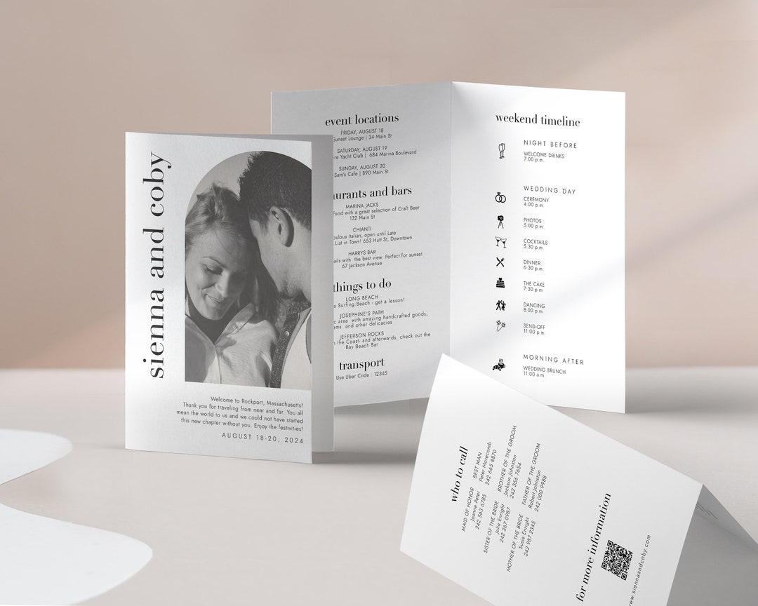 Modern Bold Wedding Weekend Itinerary, Printed Arch Schedule QR Code ...
