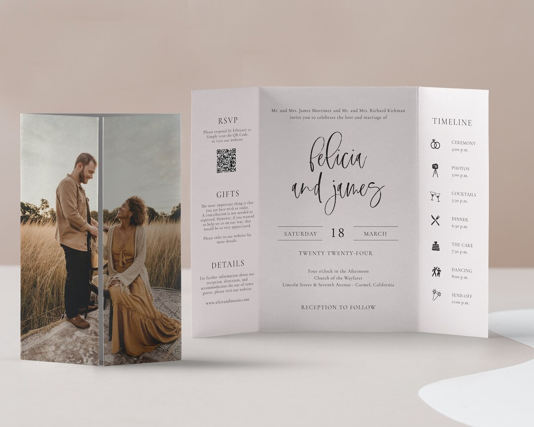 Calligraphy Gatefold Wedding Invitation, Simple Folded Invite, Print ...