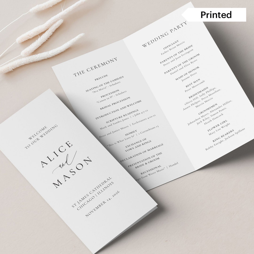 CLASSIC MINIMALIST | Printed Elegant Wedding Long Fold Ceremony Program, Print and Ship 4 X 9 ...