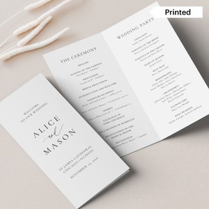 CLASSIC MINIMALIST | Printed Elegant Wedding Long Fold Ceremony Program, Print and Ship 4 X 9 ...