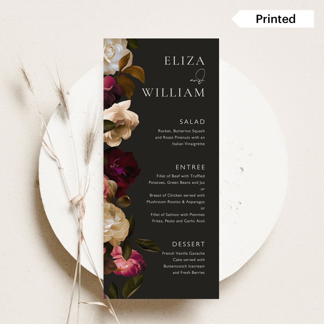 DARK ROMANCE | Printed Menu, Dark Moody Floral, Poetic Dark Acadamia ...