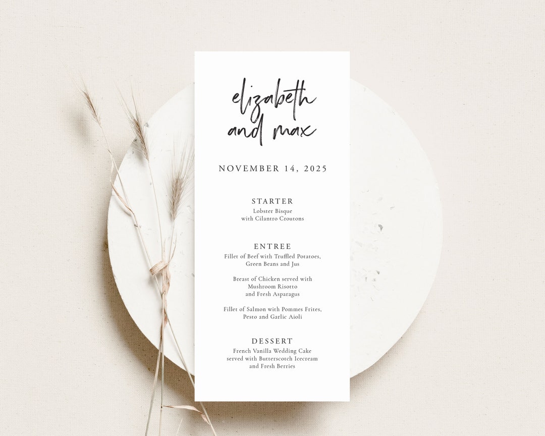 Printed Modern Script Wedding Menu, Print and Ship Menu, Minimalist 4 X ...