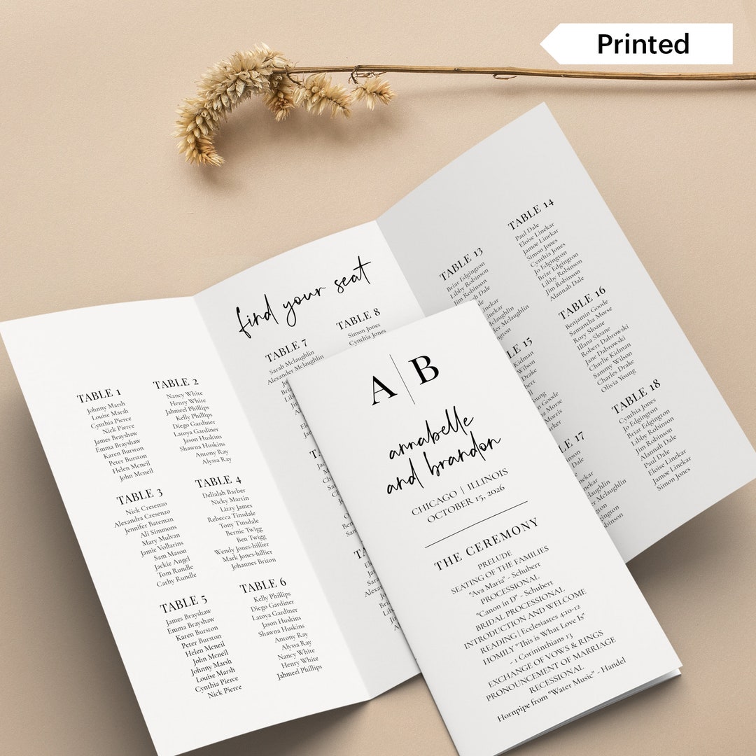 MODERN INITIALS | Printed Tri-fold Seating Chart Wedding Program ...