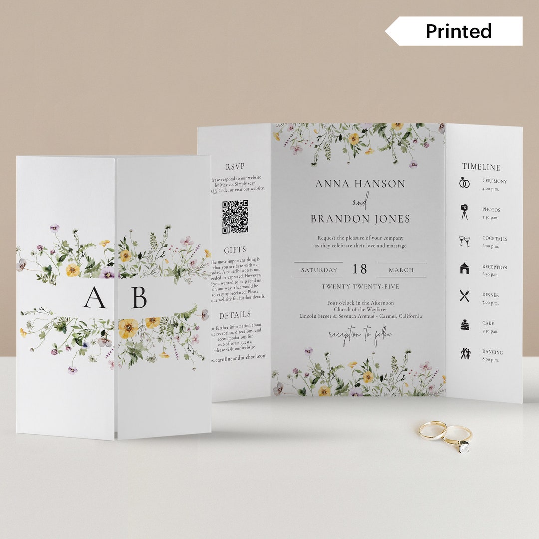 Wildflower Printed Gatefold Wedding Invitation, Rustic Folded Invite ...