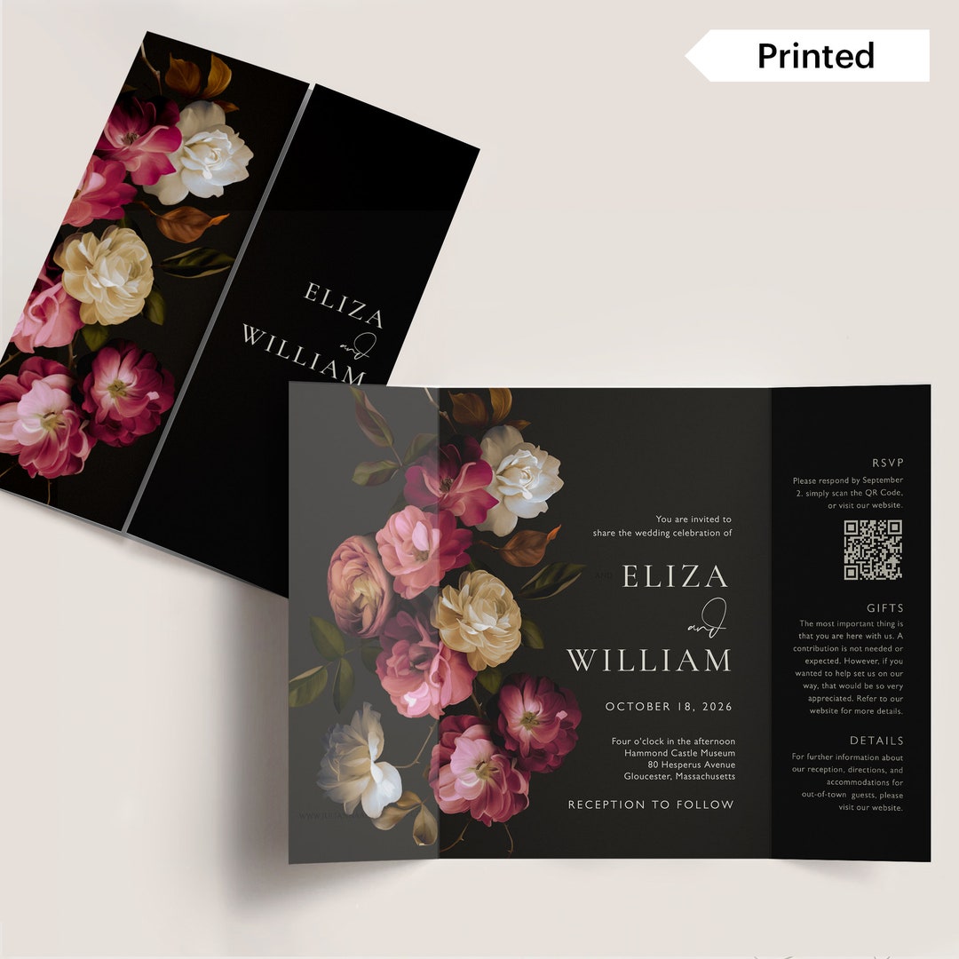 DARK ROMANCE | Printed Gatefold Wedding Invitation, Dark Moody Floral ...