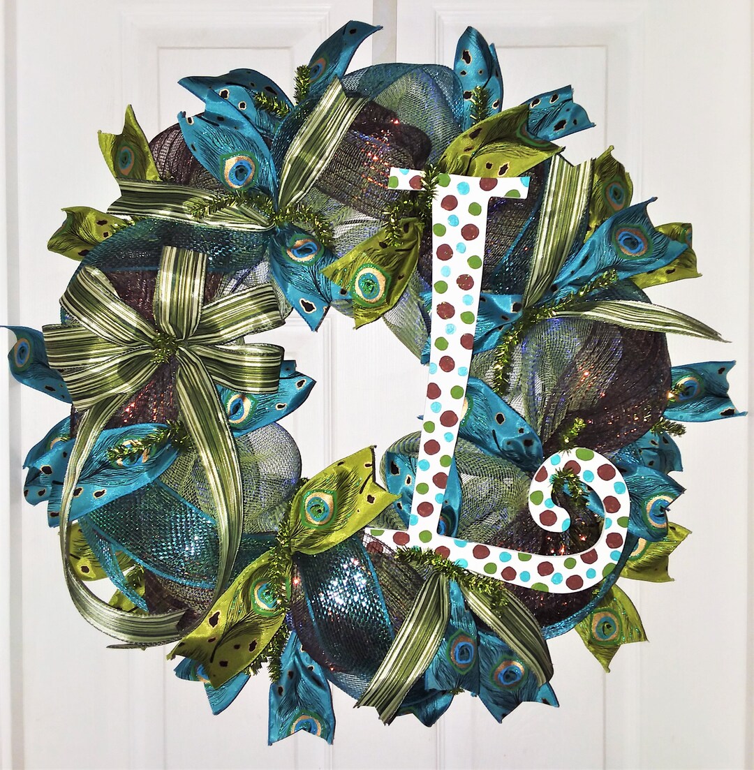 Peacock Monogram Wreath, Mesh Wreath With Peacock Ribbons, Elegant ...