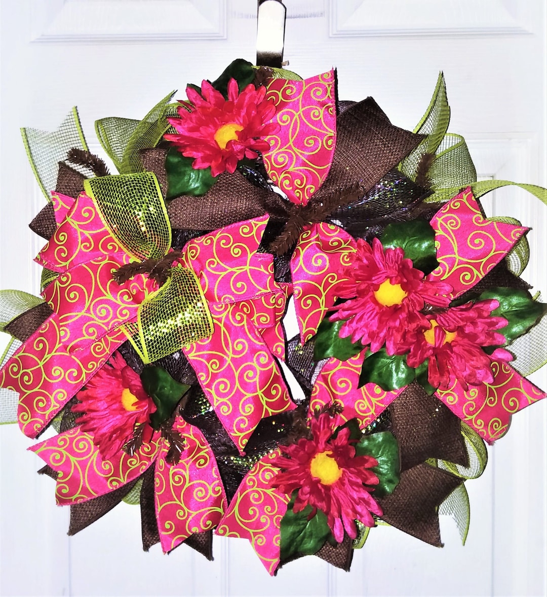 Brown and Pink Door Wreath, Pink Door Wreaths, Spring Floral Wreath ...