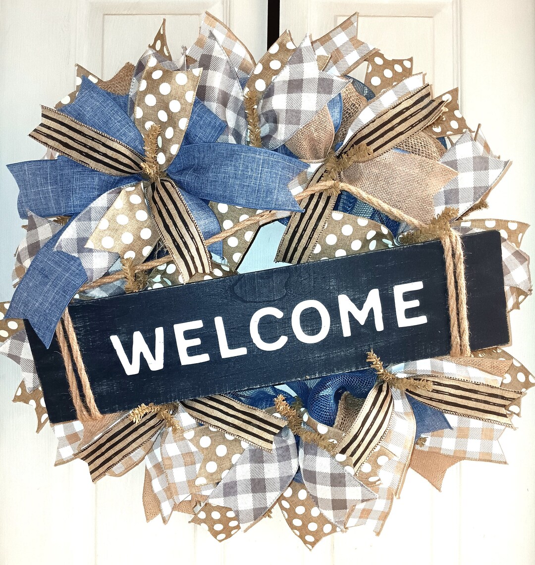 Beach Wreath With Welcome Sign, Blue Burlap Wreath, Blue Beach Wreath ...