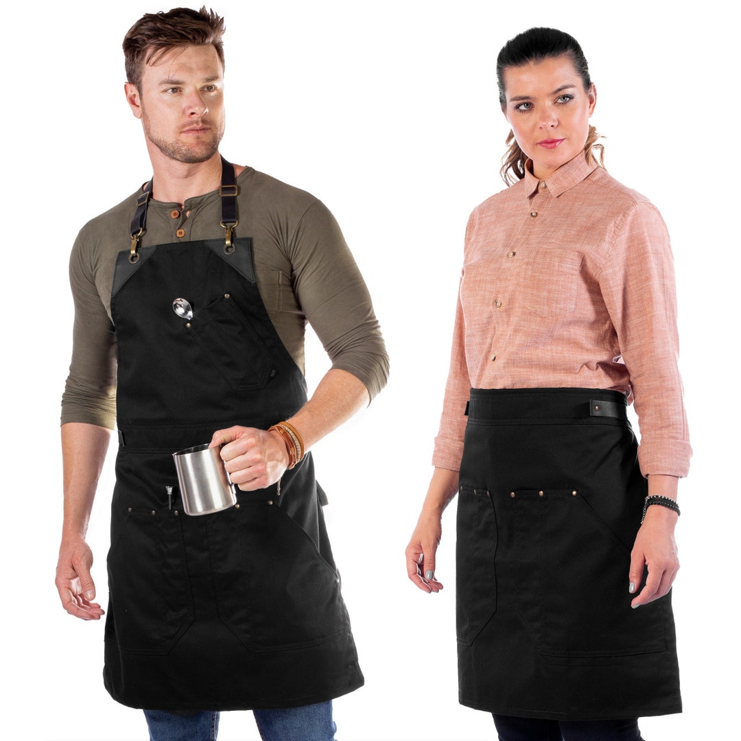 Barista Black Apron Black or Brown Leather Straps and Loops Double ...