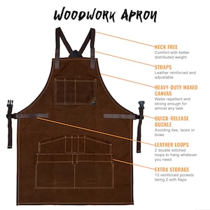 Woodwork Apron - 12 Pockets & Loops, Waxed Canvas, Cross-back, Leather Reinforcement - Carpenter ...