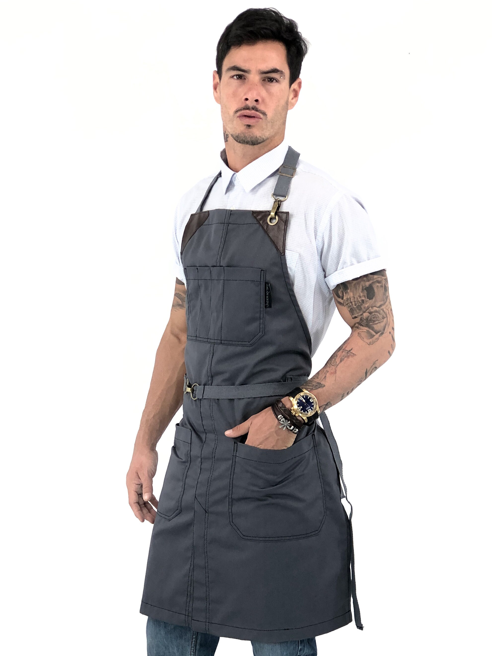 Chef Apron Armor Gray Twill No-tie Leather Trim Split - Etsy Israel