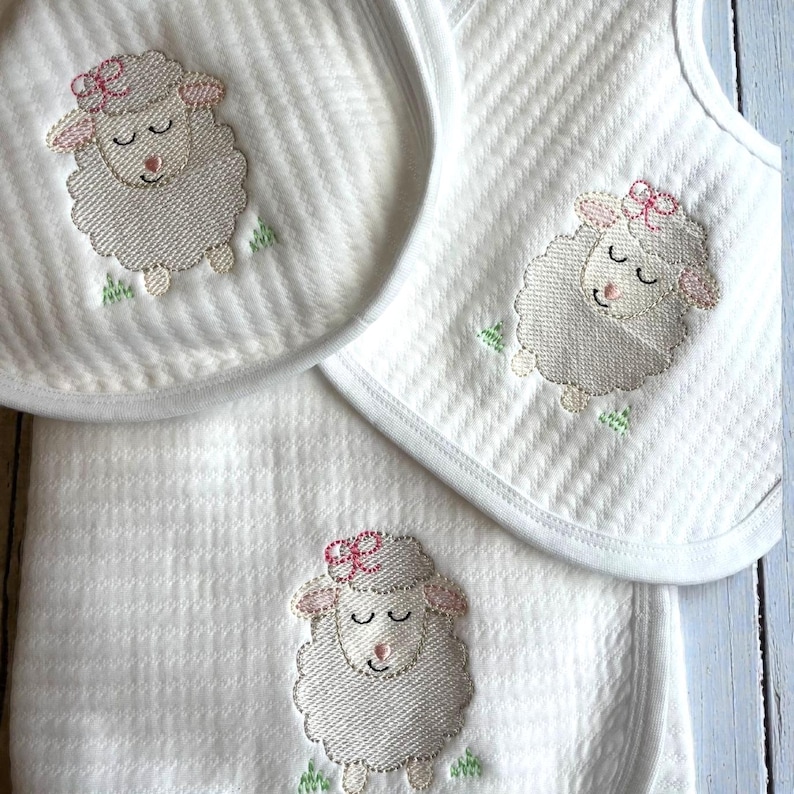 Embroidered Baby Lamb Blanket, Bib and Burp Cloth Set, Personalized ...