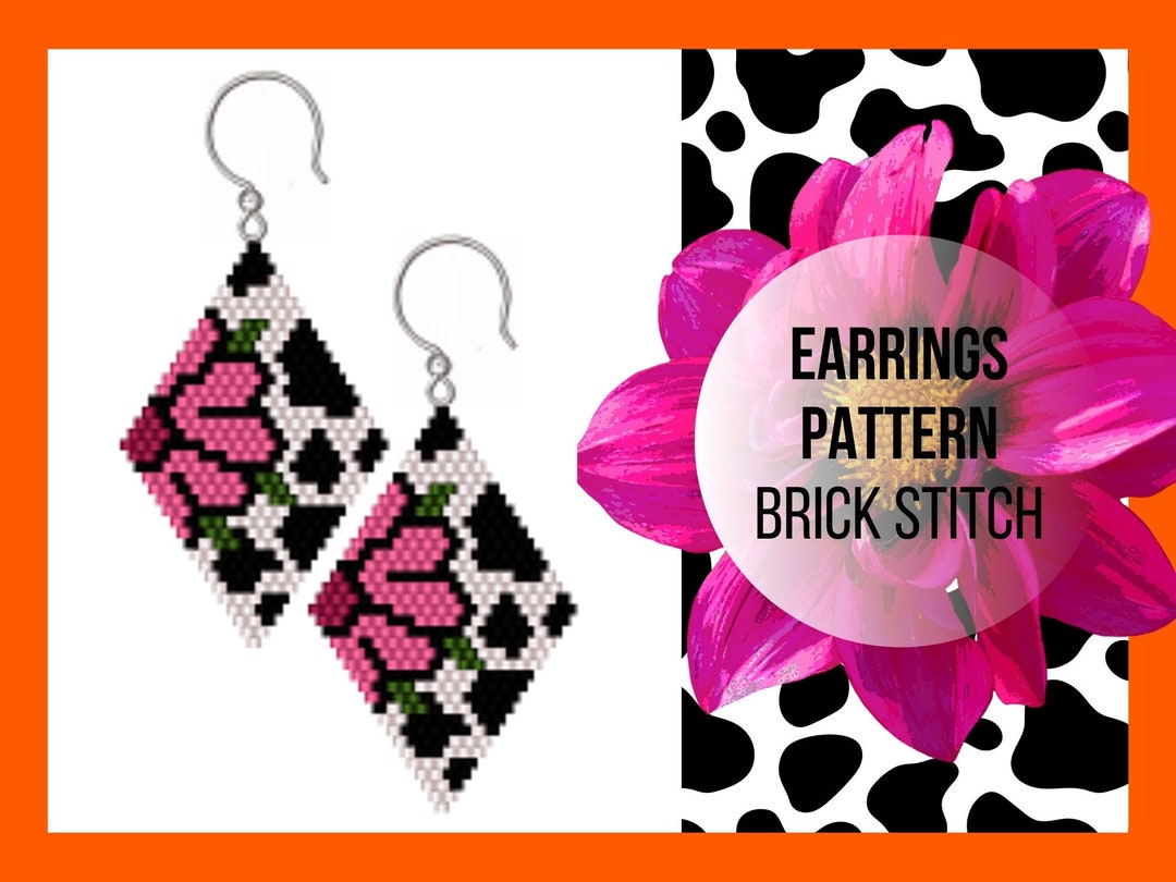 Cow Brick Stitch Earring Pattern, Pink Flower Beadwork, Miyuki Delica ...