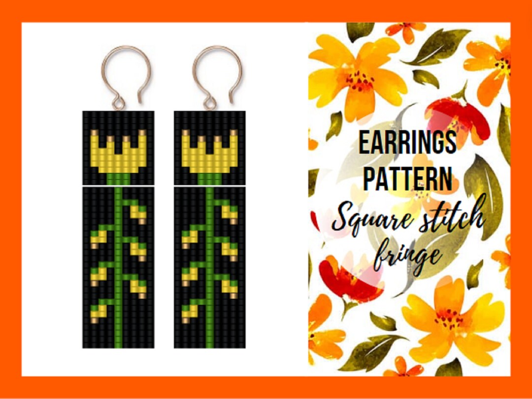 Square Stitch Earring Pattern Scandinavian Folksy Flower Seed Bead Fringe Floral Folk Botanical ...