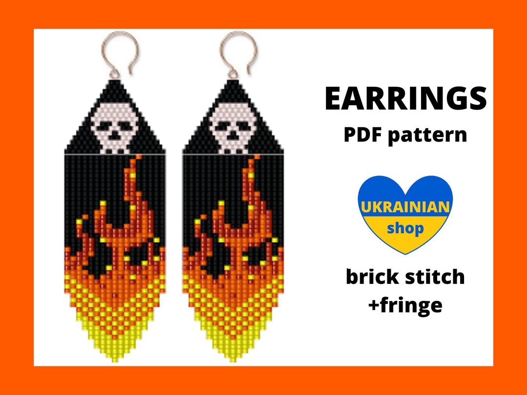 Skull Halloween Fire Seed Bead Earring Pattern, Fringe Earring Pattern ...