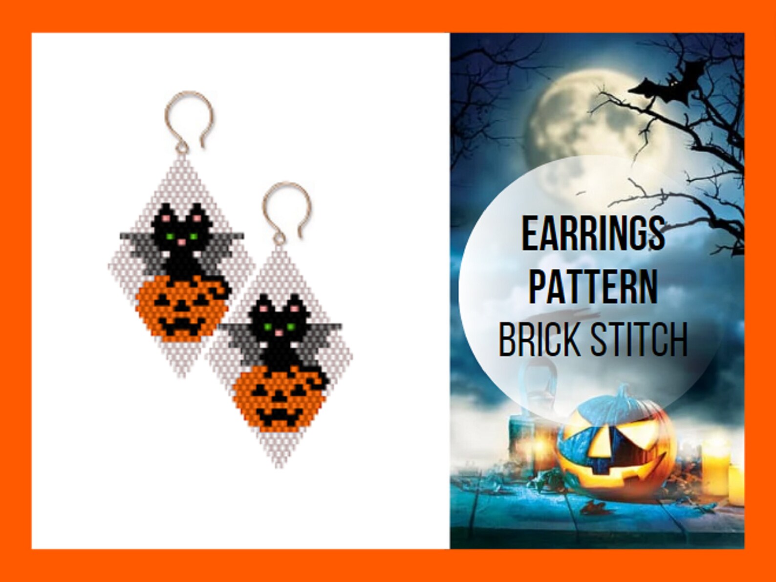 Halloween Black Cat Brick Stitch Earring Pattern, Halloween Bat, Brick ...