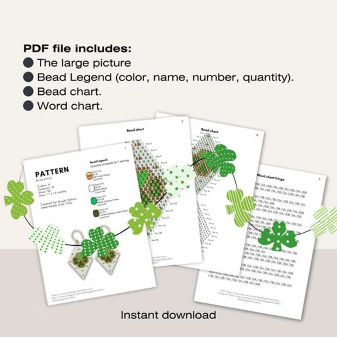 Lucky Clover Brick Stitch Earring Pattern, Seed Bead Delica, 4 Leaf ...
