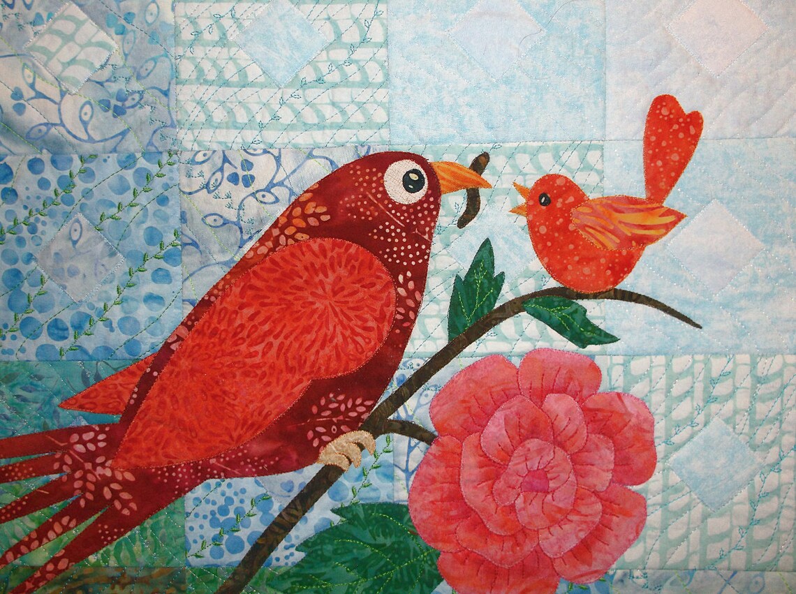 Birds Wall Quilt Fiber Art Quilt Sweet Mama Bird Baby Bird | Etsy