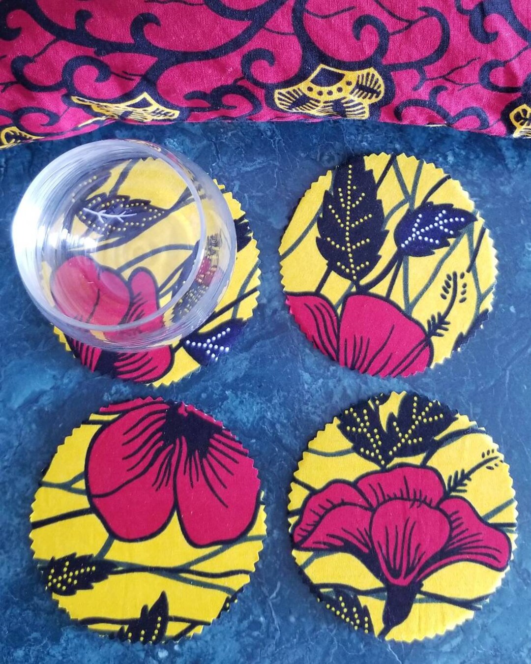 Red Flowers African Print Coasters, Set of 4, Yellow Garden - Etsy