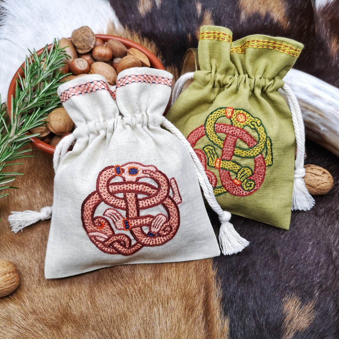 Jellinge Style Beast Hand Embroidered Linen Bag Embroidered Drawstring ...