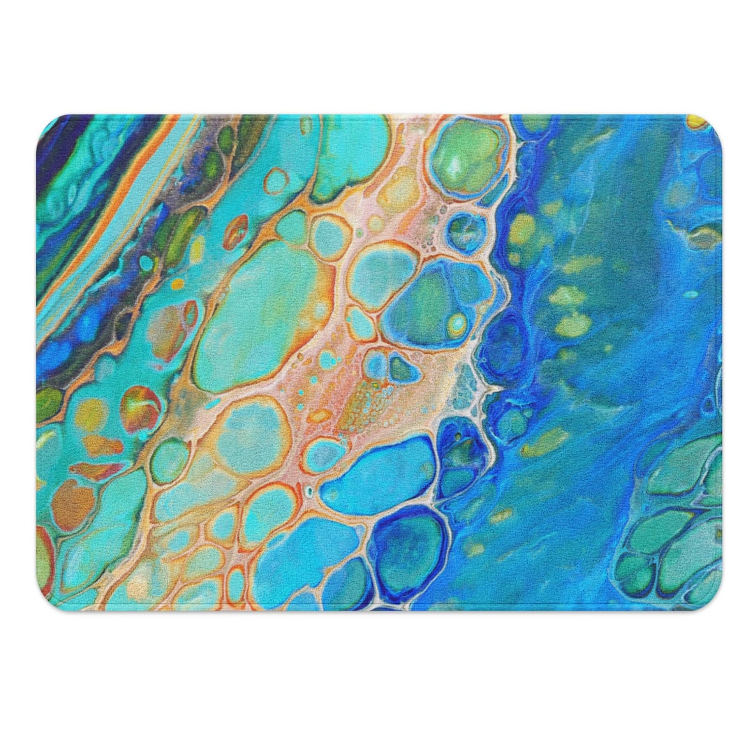 Abstract Bath Mat, Coastal Bathroom Rug, Blue, Teal, Seafoam Green ...