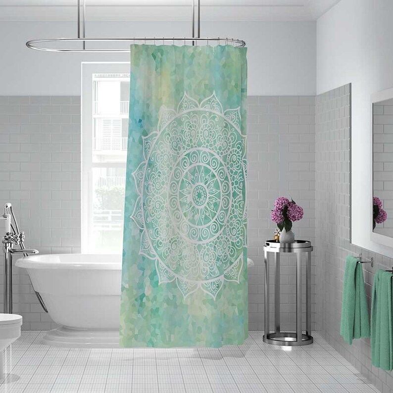 Mandala Art Shower Curtain Blue Mint Green Bohemian Bath Etsy Uk