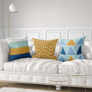 Blue Yellow Throw Pillow Cover, Striped, Geometric, Polka Dot Cushion ...