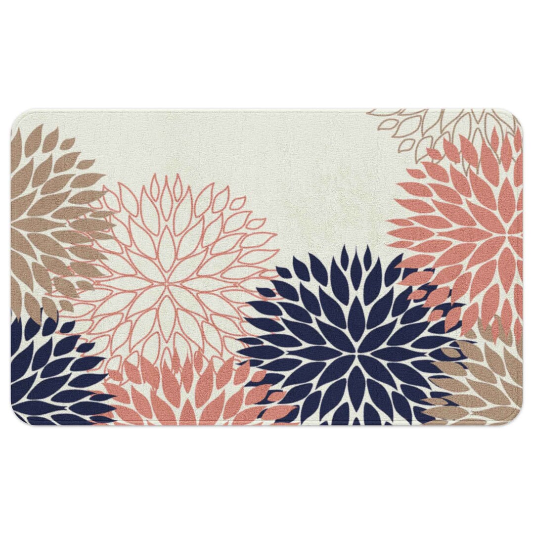 Floral Bath Mat, Pink, Blue, Gold, Dahlia Flower Bathroom Rug, Unique ...