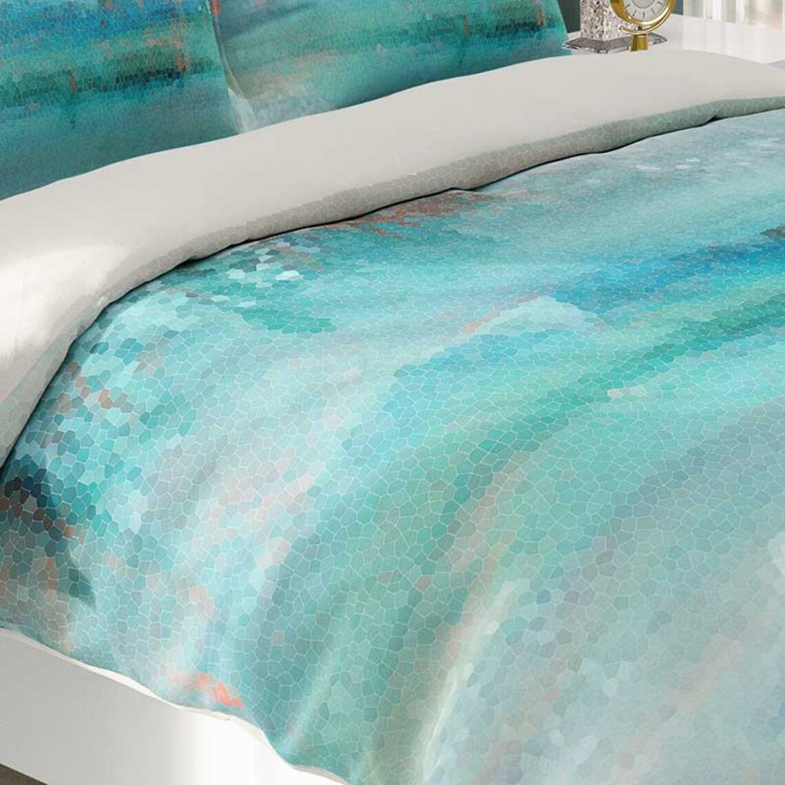 Beach Duvet Cover, Abstract Art Ocean Bedding Set, Aqua Blue Teal Gray ...