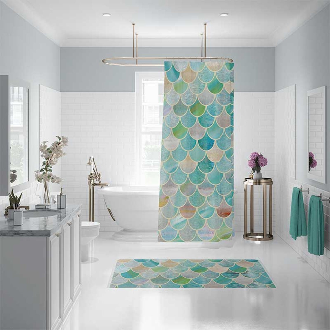 Mermaid Scales Shower Curtain Fish Scales Art Bath Mat Blue - Etsy