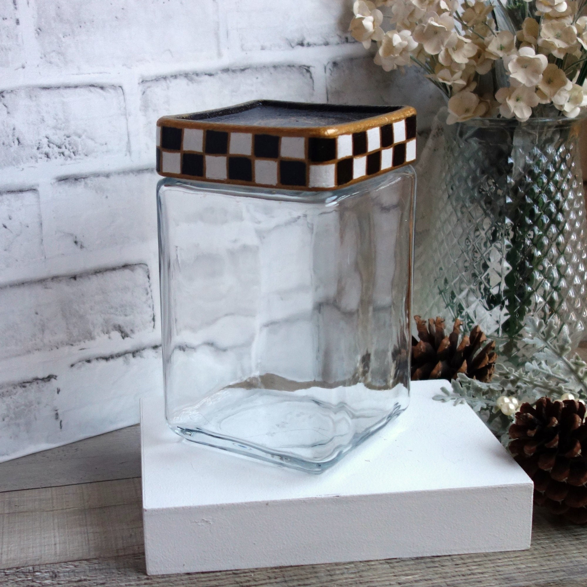 Courtly Checked Storage Vintage Glass Jar Hand Painted Check Canister ...