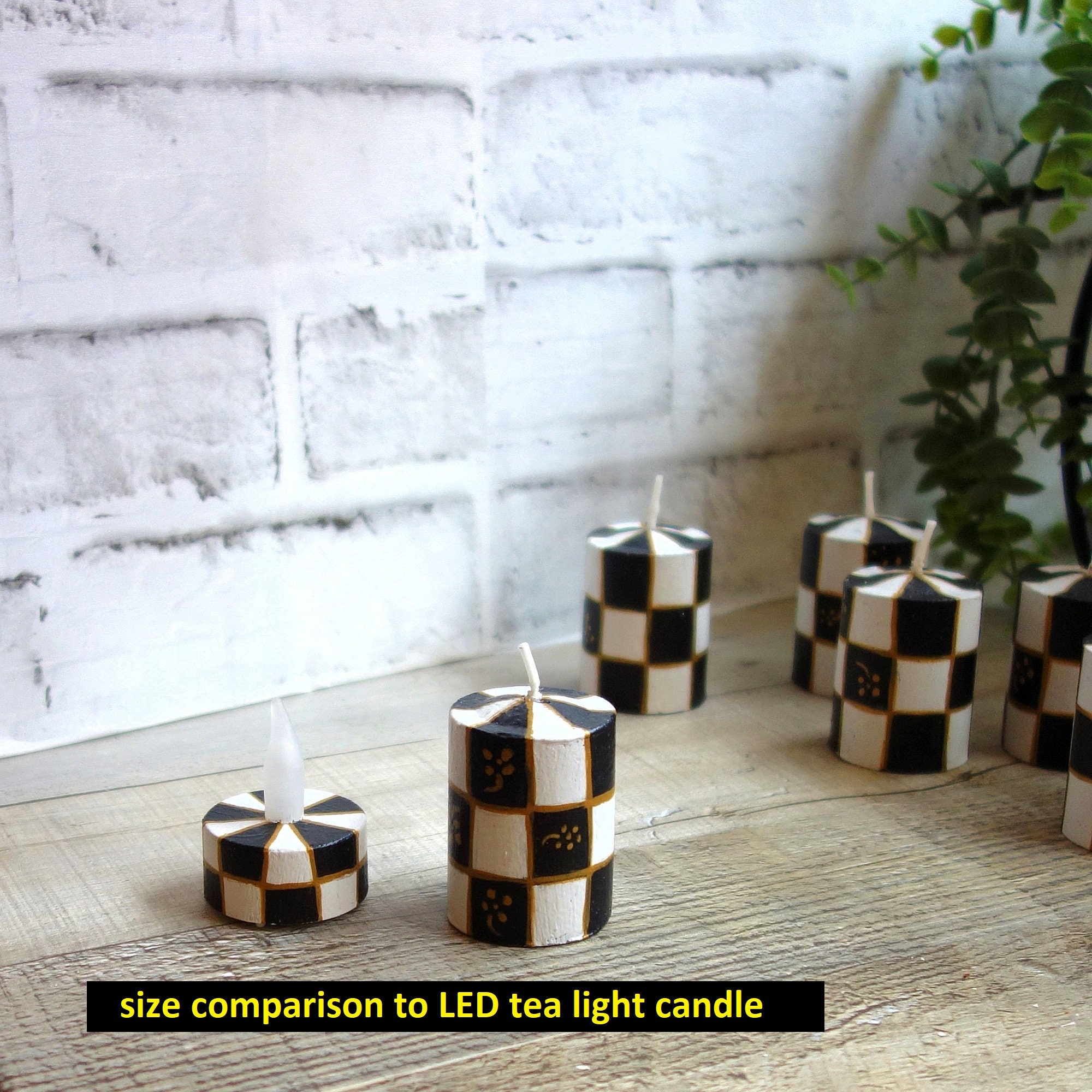 Black Checked Candle Checkered Tall Tealight Candle Hand Painted Black ...