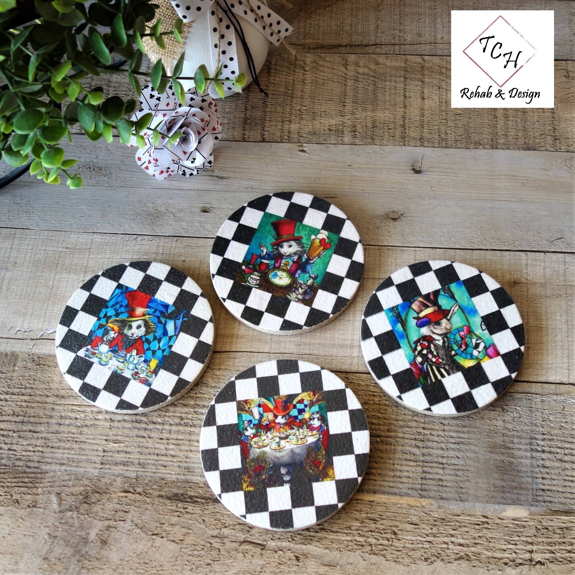 Alice in Wonderland Decor White Rabbit Checkerboard Coaster - Etsy