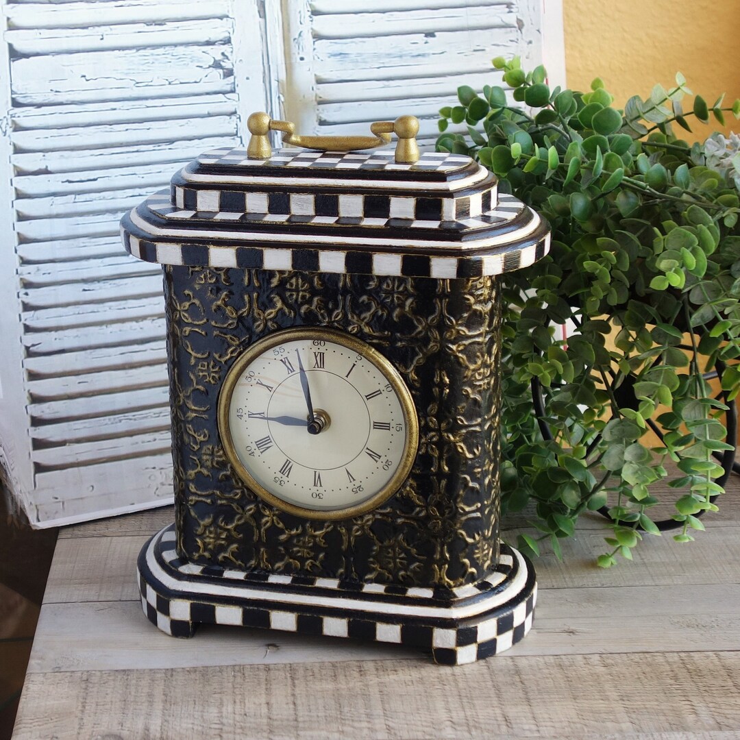 Stately Checks Large Mantle Clock Black and Gold Embossed Clock Black ...