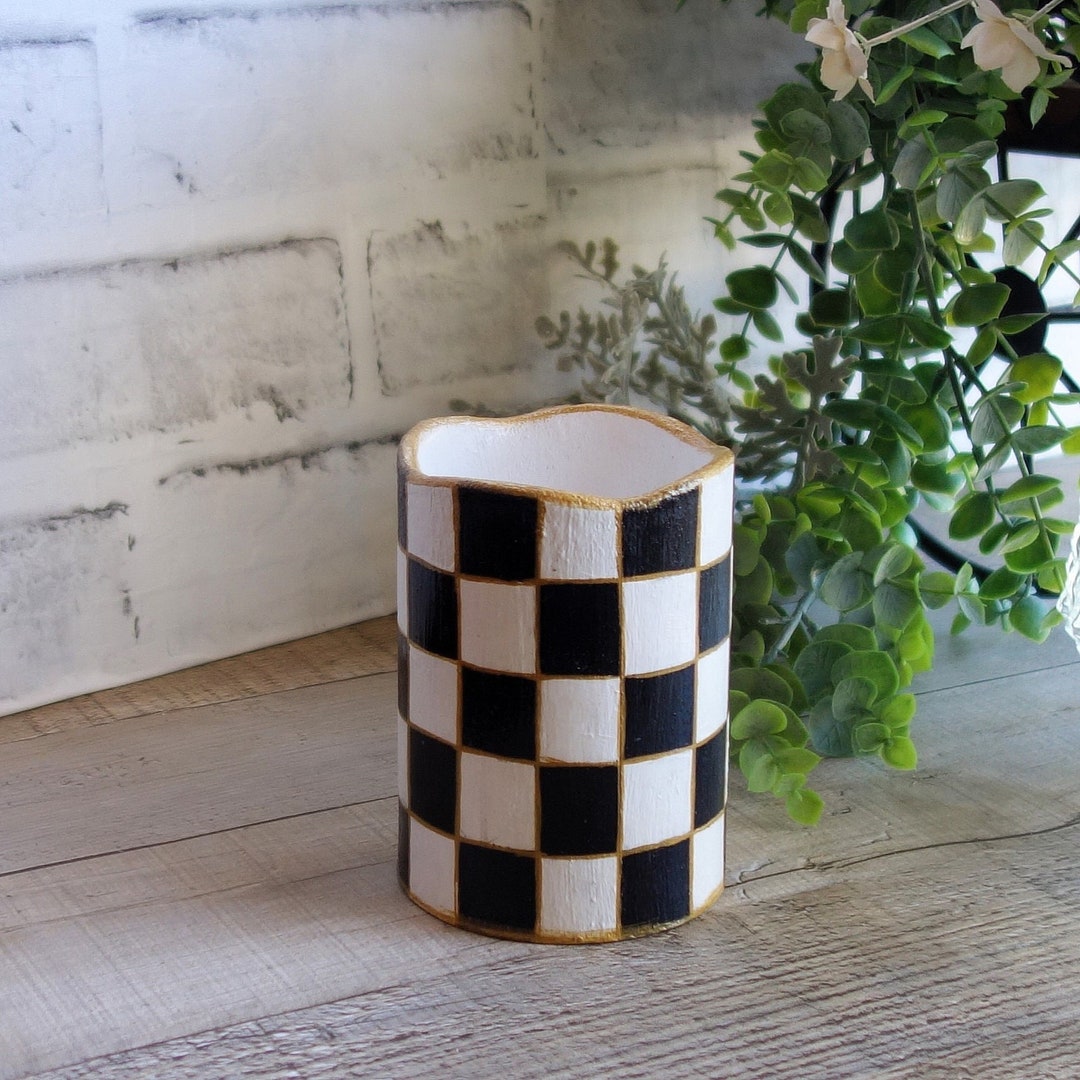Black and White Checked Candle Flickering Flame Flameless LED Checkered ...