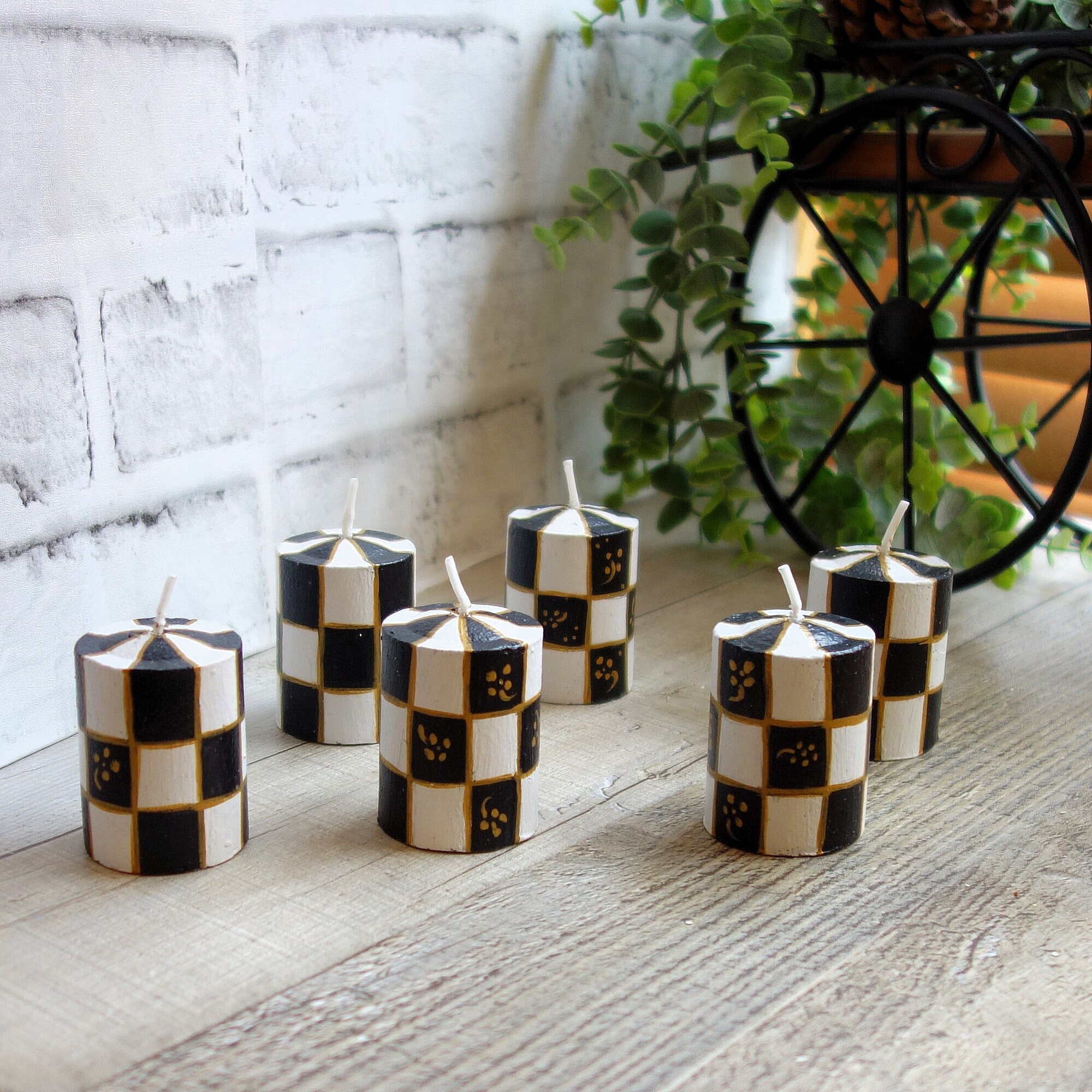 Black Checked Candle Checkered Tall Tealight Candle Hand Painted Black ...