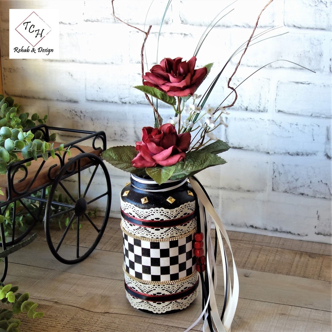 Whimsical Checks Vase Handmade Checkerboard Floral Centerpiece Vintage ...