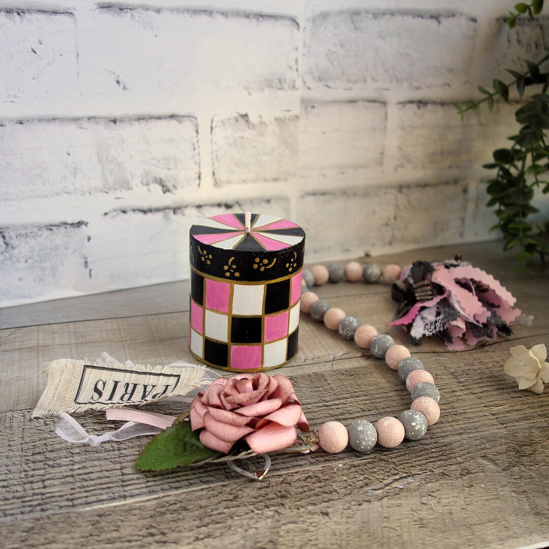 Hand Painted Checks Candle Black White Checkered Pattern With Pink Rose ...