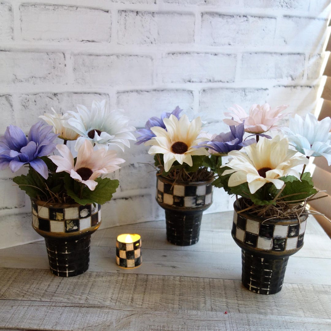 Rustic Checked Flower Pots and Checked Candle Bundle Primitive Checked ...