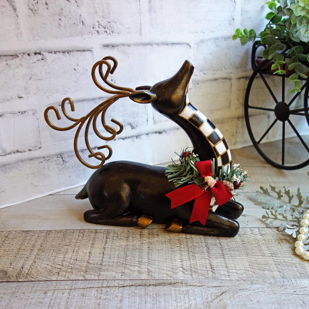 Courtly Christmas Decor Checked Reindeer Hand Painted Black and White ...