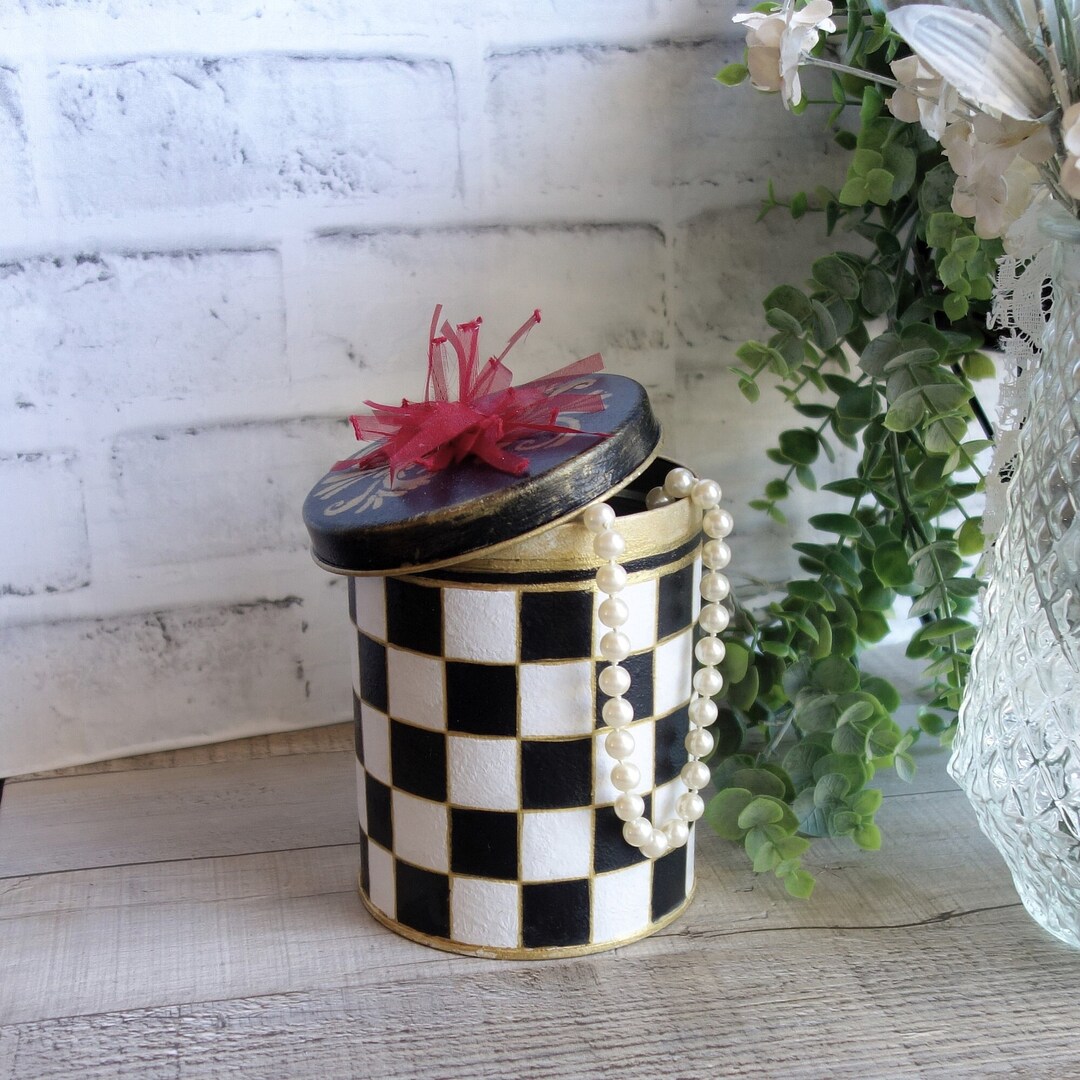 Whimsical Checks Gift Box Decorative Storage Tin Hand Painted Black and ...