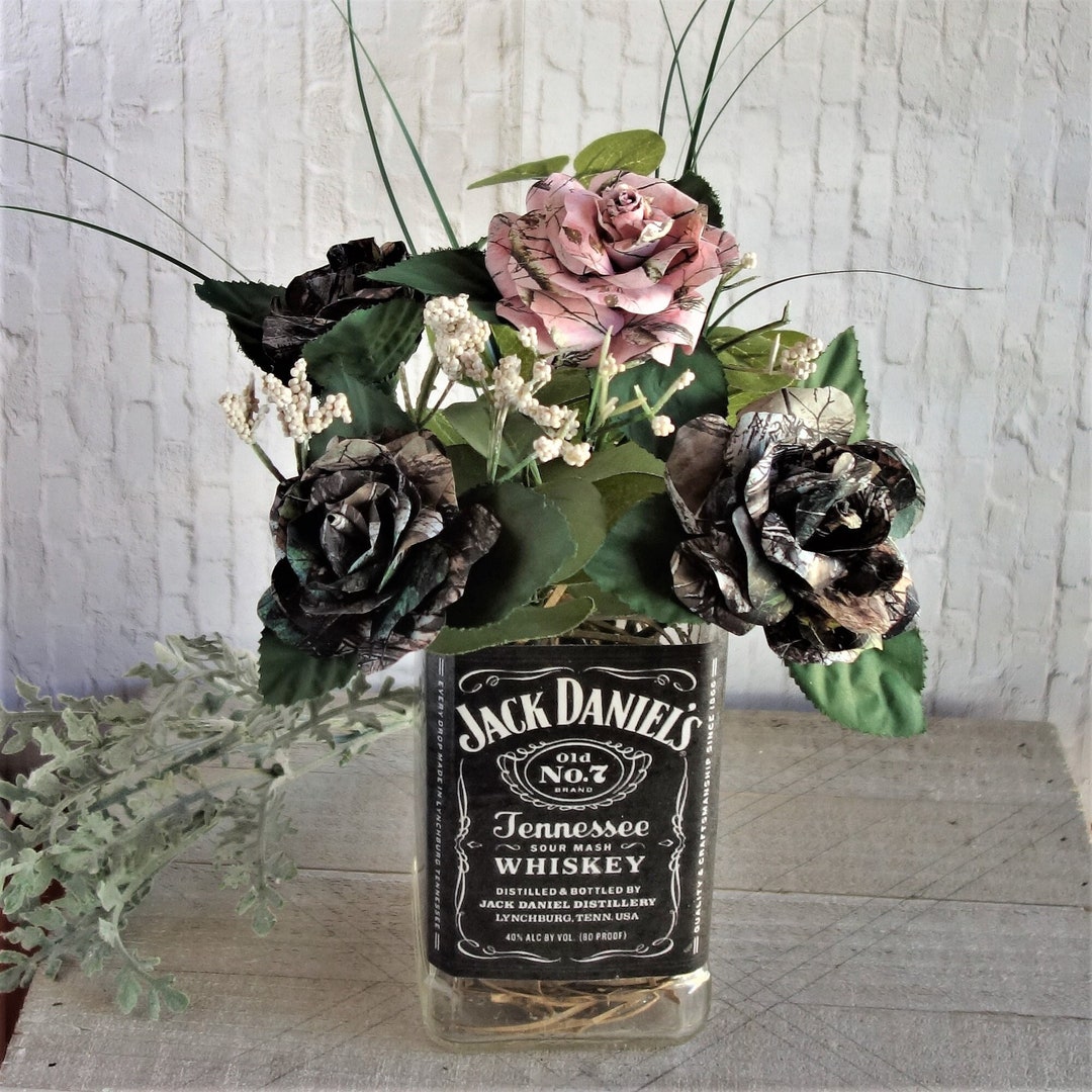 Camo Roses Camo Rose Bouquet in Jack Daniels Whiskey Bottle Vase Pink ...